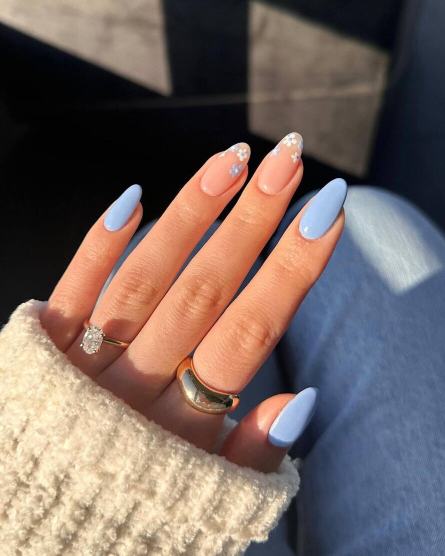 27 Early Spring Nail Trends with Nude and Soft Blue Tones for a Clean Look