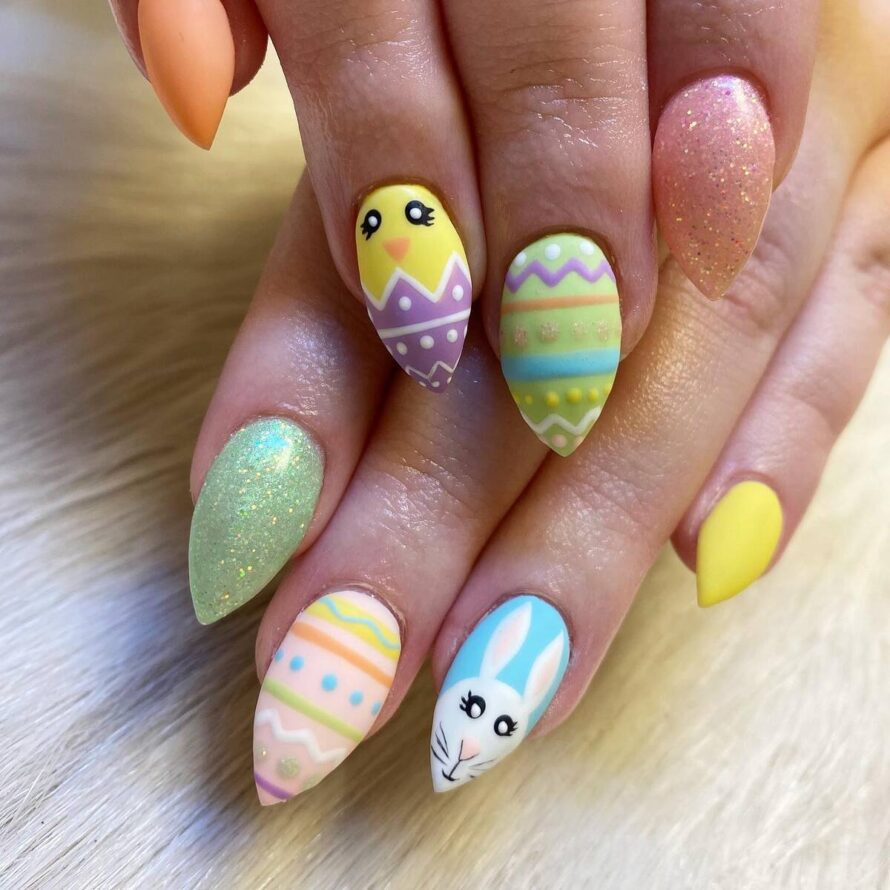 27 Fun Easter Egg Nail Designs with Pastel Colors and Glitter