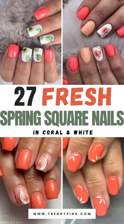 27 Fresh Spring Square Nails in Light Coral and White for a Clean Look