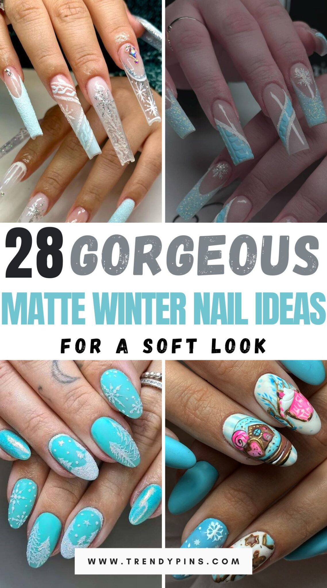 28 Matte Winter Nail Ideas in Frosty White and Pale Blue for a Soft Look